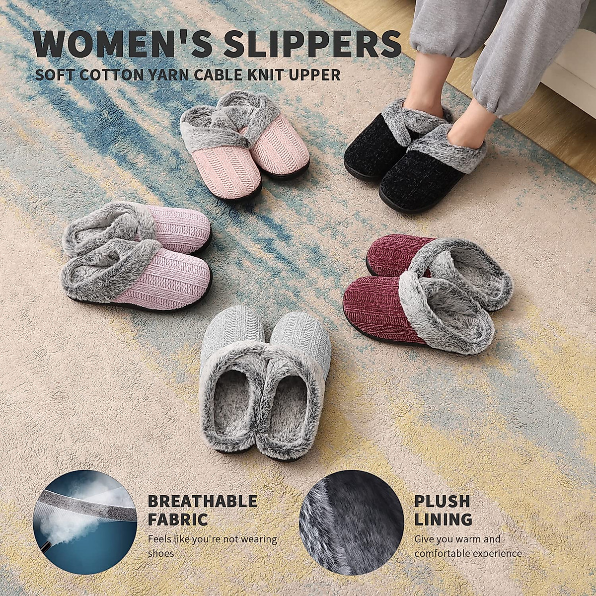 Homitem Fuzzy Slippers for Women Indoor and Outdoor Fluffy Bedroom House Shoes with Arch Support Memory Foam Winter Warm Ladeis Cute Comfy Cozy Grey Size 9-10