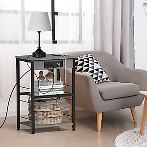 Nightstand with Charging Station, 3 Tier Side End Table with USB Ports and Outlets, Side Table Living Room with Storage shelf Modern Bedside Tables with USB for Bedroom Study, Dark Gray and Black