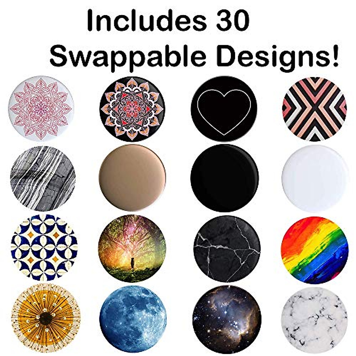 3 Phone Grips with 30 Swappable Designs - Use Any of The 30 Designs and Swap Them Whenever - Accessories for Phone, Or Tablet. Extendable Holder, Stand, Grip