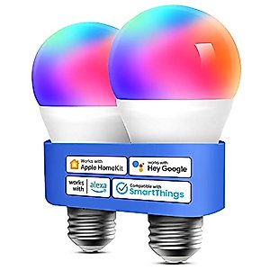 meross Smart LED Light Bulb, Smart WiFi LED Bulbs Compatible with Apple HomeKit, Siri, Alexa, Google Home & SmartThings, Dimmable E26 Multicolor 2700K-6500K RGBWW, 900 Lumens 60W Equivalent, 2 Pack