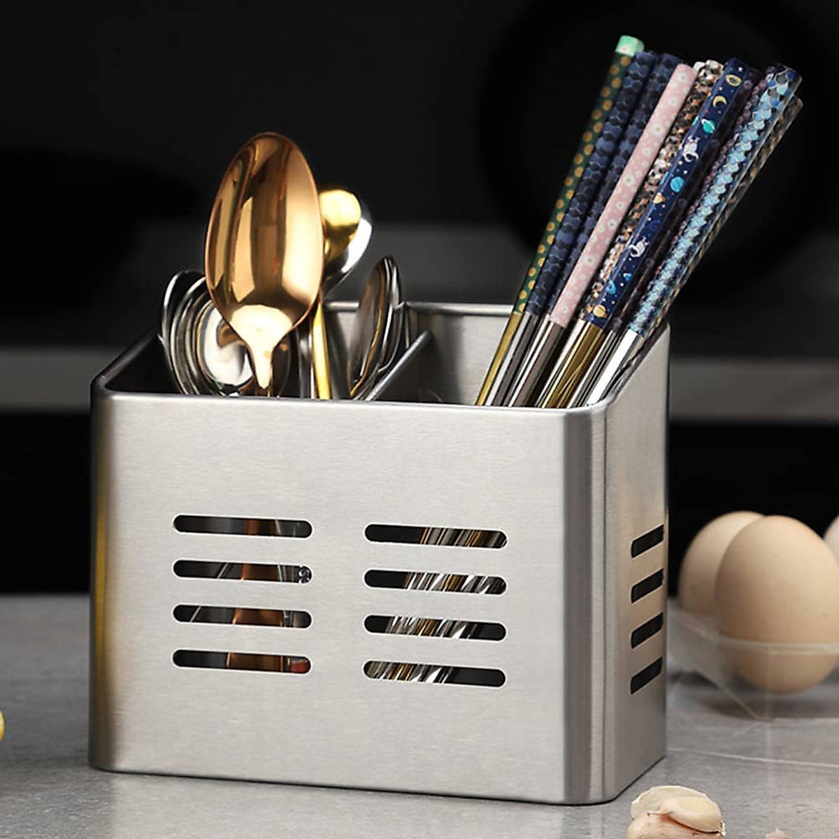 Hemoton Chopstick Utensil Holder Stainless Steel Cutlery Storage Holder Spoon Straw Basket Kitchen Container Kitchen Display Organizer For Kitchen Countertop Silver