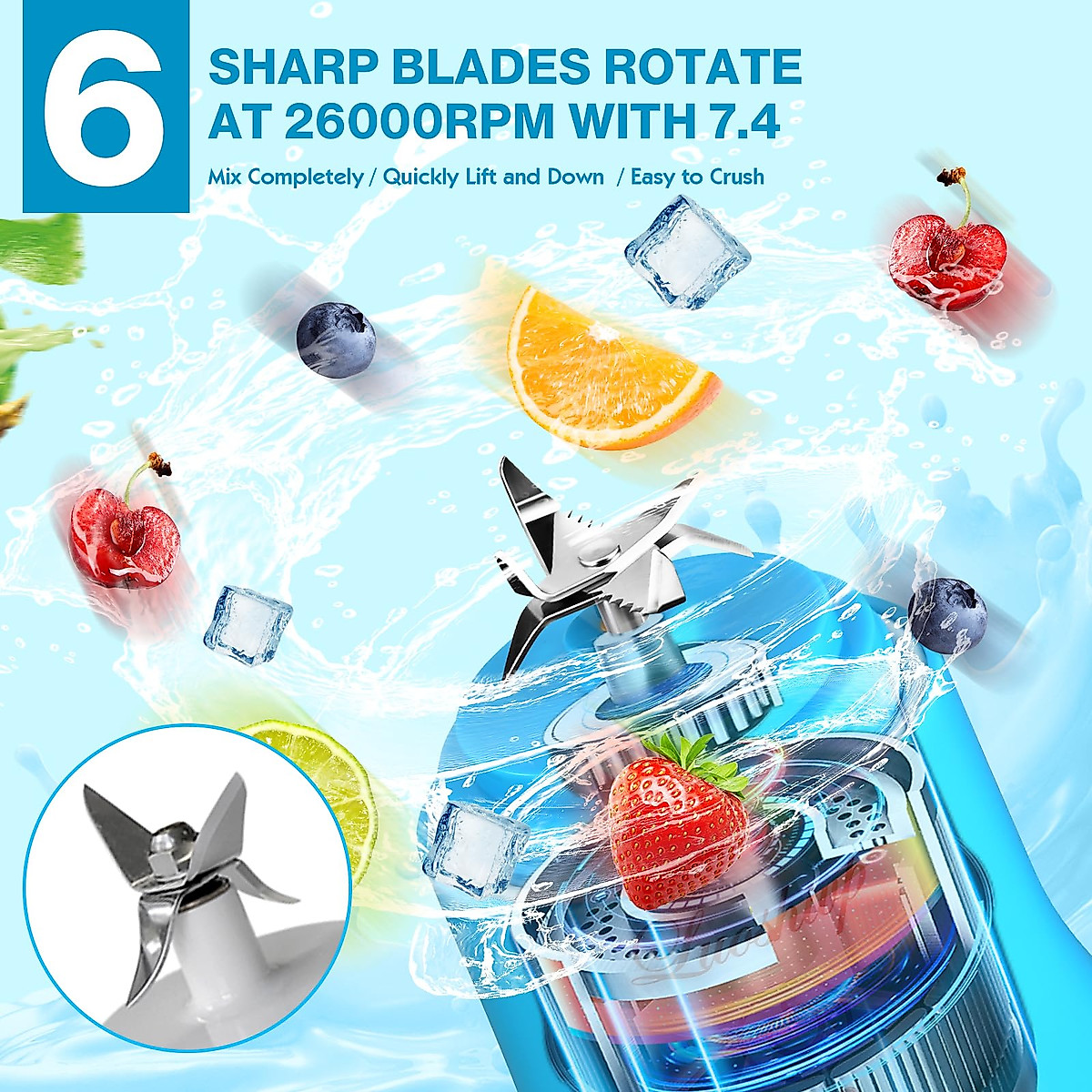 ortable Blender,22 Oz Mini Blender for Shakes and Smoothies,Personal Blender with Rechargeable USB,Fruit,Smoothie,Baby Food Mixing Machine Blender With 6 Blades,for Home,Kitchen,Travel,Sports (blue)