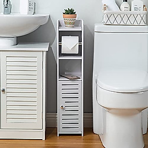 Toilet Paper Holder Stand,Bathroom Storage Cabinet Beside Toilet Storage for Small Bathroom,Bathroom Storage Cabinet with Toilet Roll Holder,Toilet Paper Stand for Small Space,White by AOJEZOR