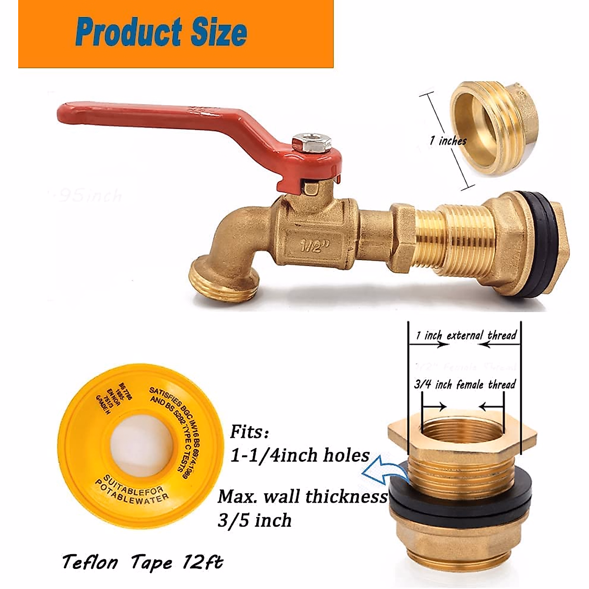 Rain Barrel Spigot, Brass Faucet Kit for Rain Water Barrel, Water Tanks, Tubs, Pools Etc, Turn Ball Valve Rain Barrel Spigot with Bulkhead Fitting Set