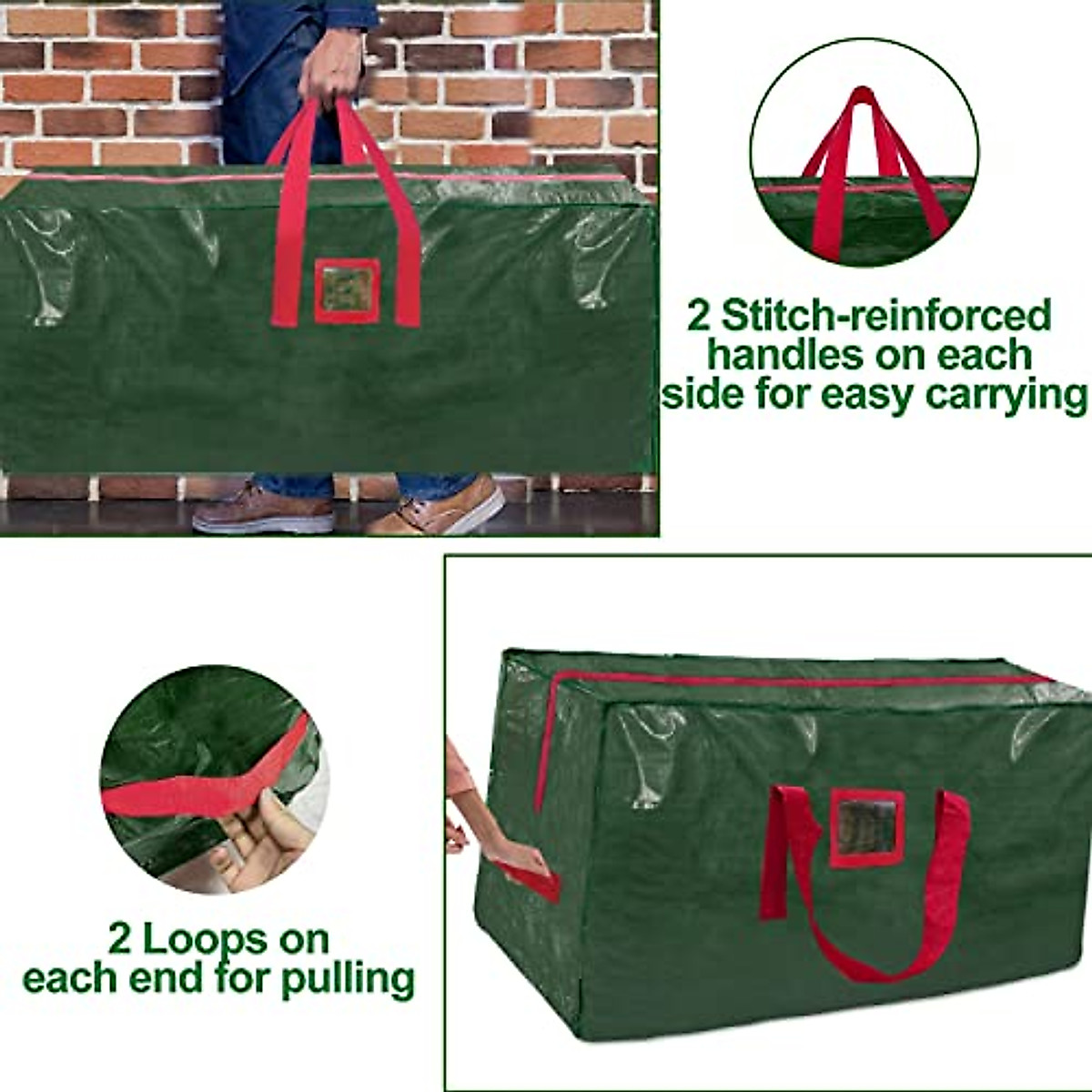 TURNMEON 2 Pack Christmas Tree Storage Bag For 7.5 Ft Disassembled Artificial Xmas Tree 50"x15"x20" Card Slot Handles Dual Zippers Waterproof Large Holiday Christmas Storage Container Tote Box (Green)