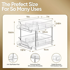 DAMEING Under Bathroom Sink Organizer, 2 Tier Clear Pull Out Storage Cabinet with Dividers, Multi-Purpose Organizer and Storage Bin for Home Medicine Snack Cosmetic