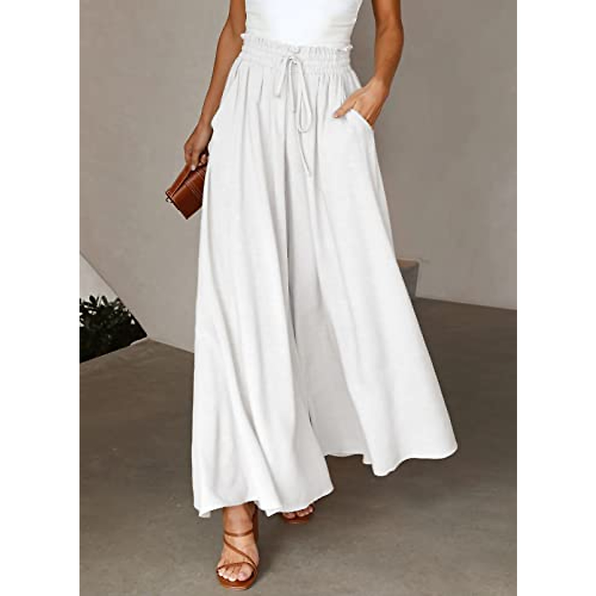 EVALESS Women's Comfy Wide Leg Pants Casual Drawstring Elastic Waist Lounge Culottes with Pockets White X-Large