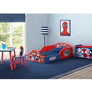 Delta Children - Marvel Spidey and His Amazing Friends 4-Piece Toddler Room-in-a-Box Set – Includes Sleep and Play Toddler Bed, Table, 1 Chair and Toy Box, Blue/Red