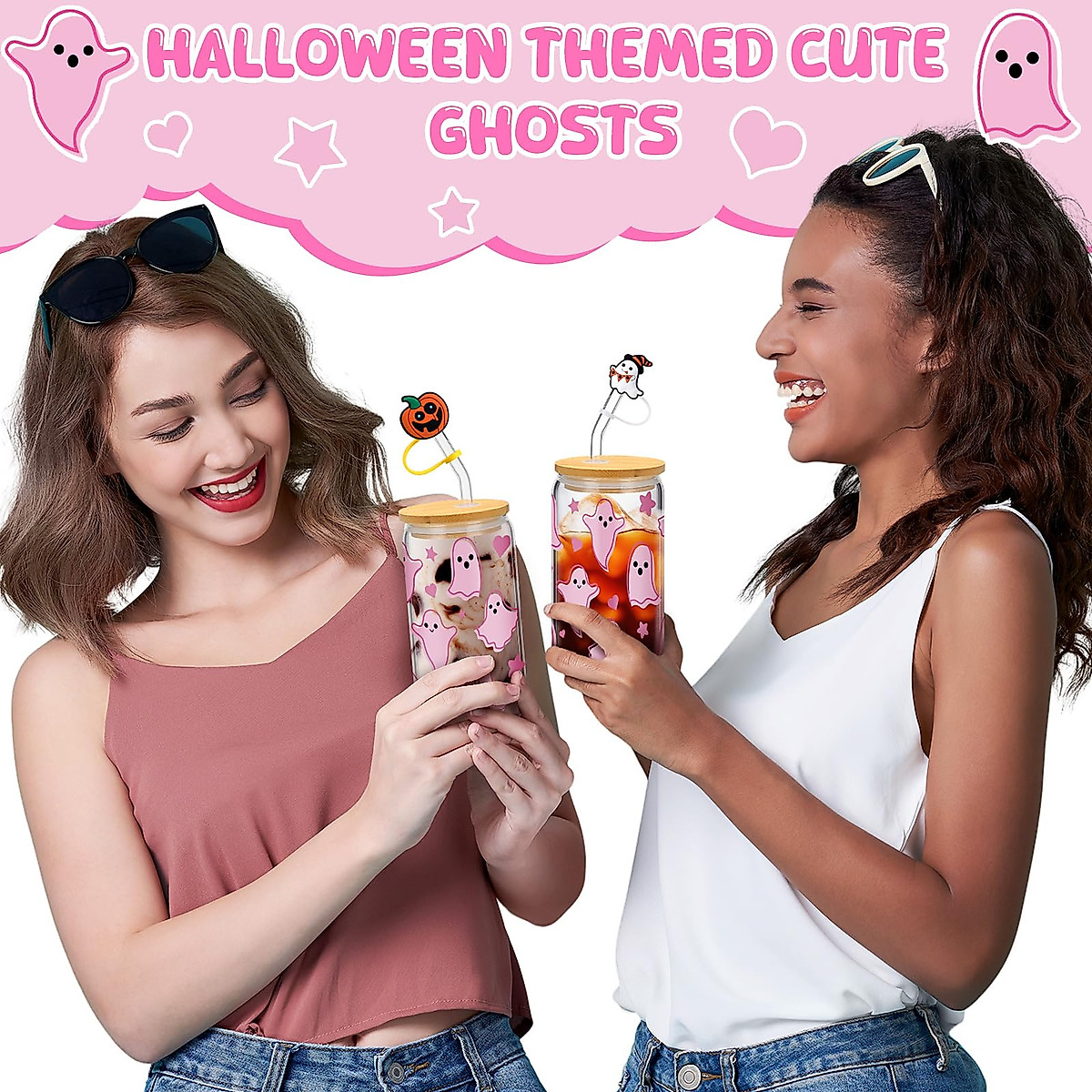 Yetene 17 oz Pink Ghost Halloween Cup 4 Pcs Straw Cover Ghosts Glass with Bamboo Lid Glass Straw Cute Spooky Iced Coffee Cup Smoothie Can Cup Halloween Gifts for Women Teens
