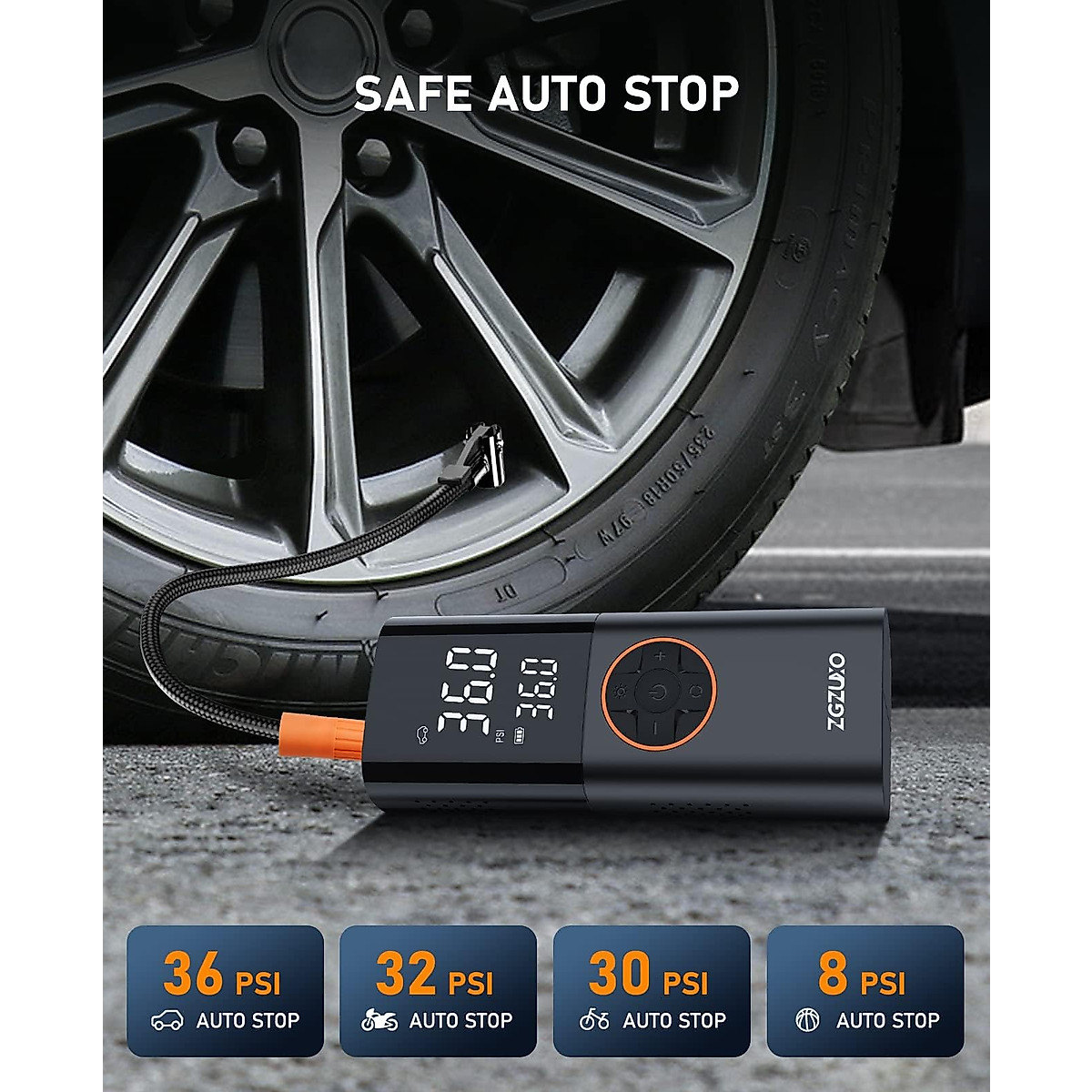 Tire Inflator Portable Air Compressor, 150PSI Fast Cordless Bike Tire Pump, Battery & 12V DC Dual Power Bike Pump with Digital Pressure Gauge, LED Light for Cars, Motorcycles, Bicycles, Balls and More