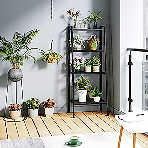 SHUANGZ 4 Tier Ladder Shelf, 23.6L x 13.8W x 57.9H Inch Industrial Bookcase Ladder-Shaped Plant Flower Stand Rack Storage Shelves for Living Room, Black (HSSC-1)