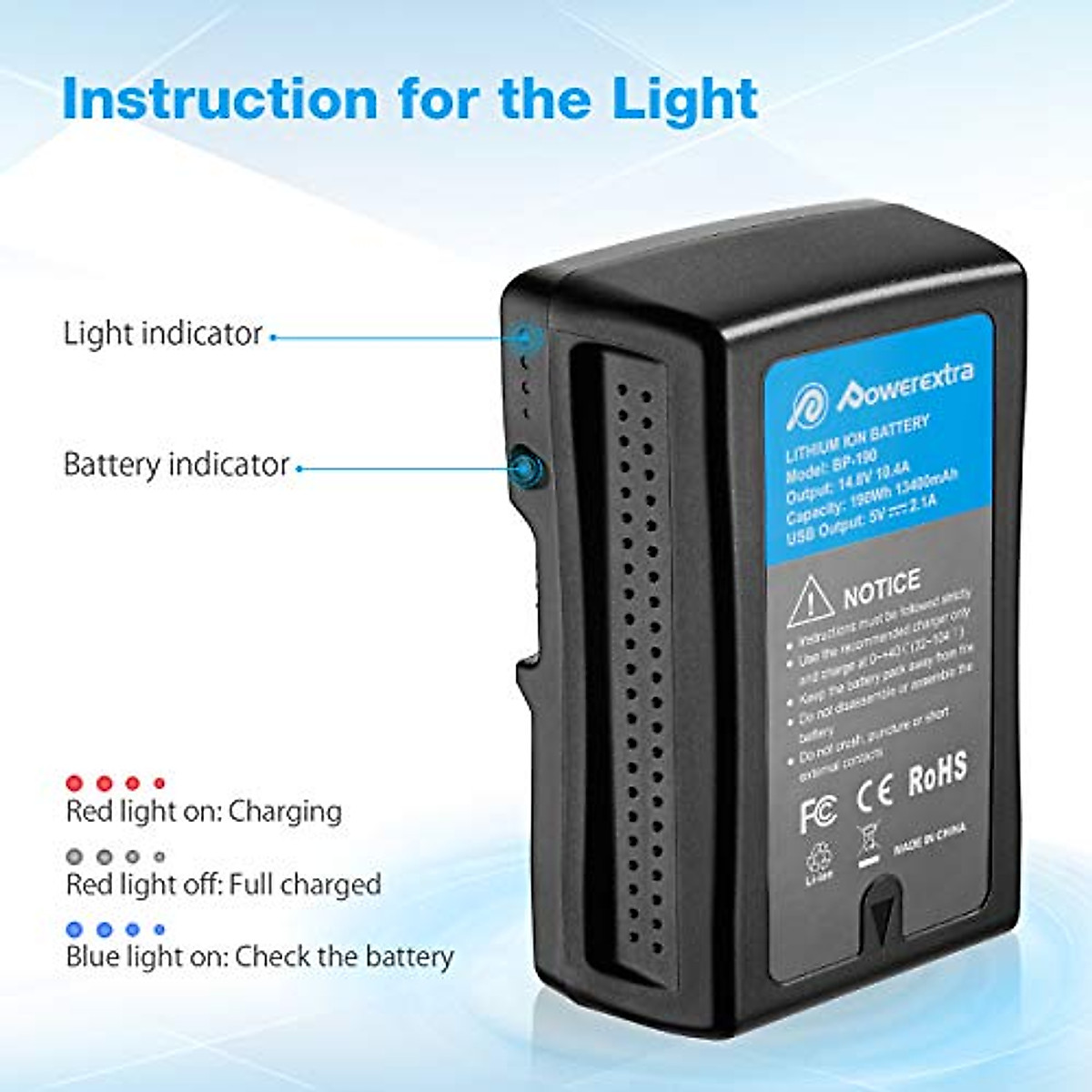 Powerextra 190Wh (13400mAh) V Mount V-Lock Battery with D-tap Output Cable and D-Tap Charger Compatible Video Camera Camcorder Broadcast LED Light