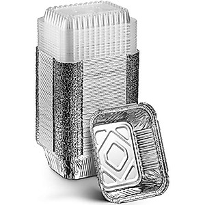 MontoPack Disposable Takeout Pans with Clear Lids | 1lb Capacity Aluminum Foil Food Containers with Strong Seal for Freshness & Spill Resistance | Eco-Friendly & Recyclable | 50-Pack of 5x4” Drip Pans