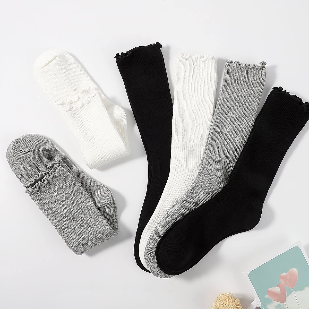 BOOPH 6 Pairs Girls Socks Ruffle Baby Frilly Turn cuff Socks White 4-6 Years