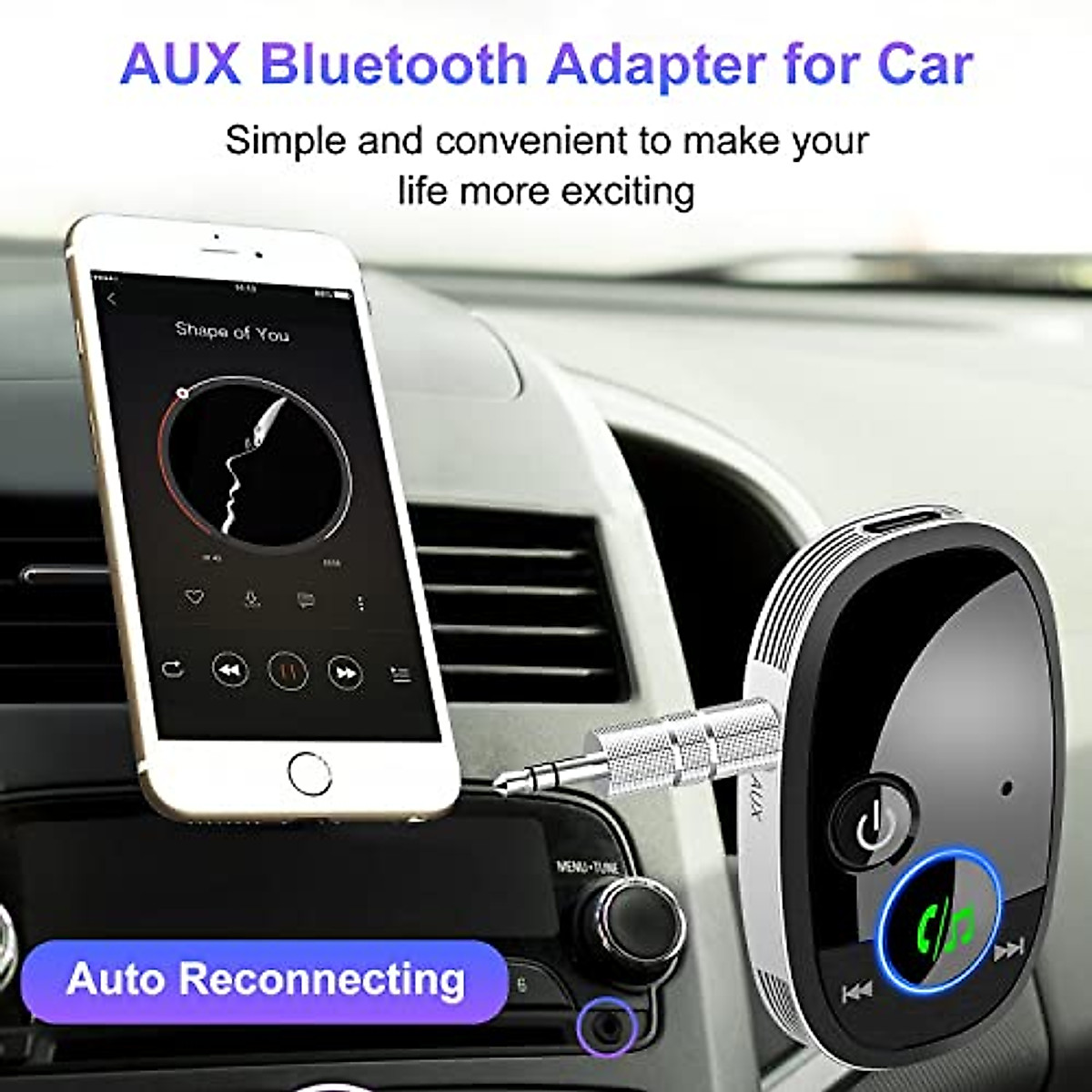 Friencity Aux Bluetooth Adapter for Car, Wireless Bluetooth 5.0 Audio Receiver w/ Hands-Free Calling Noise Cancelling for Car/Home Stereo System, Wired Headphones/Speaker, Music Streaming