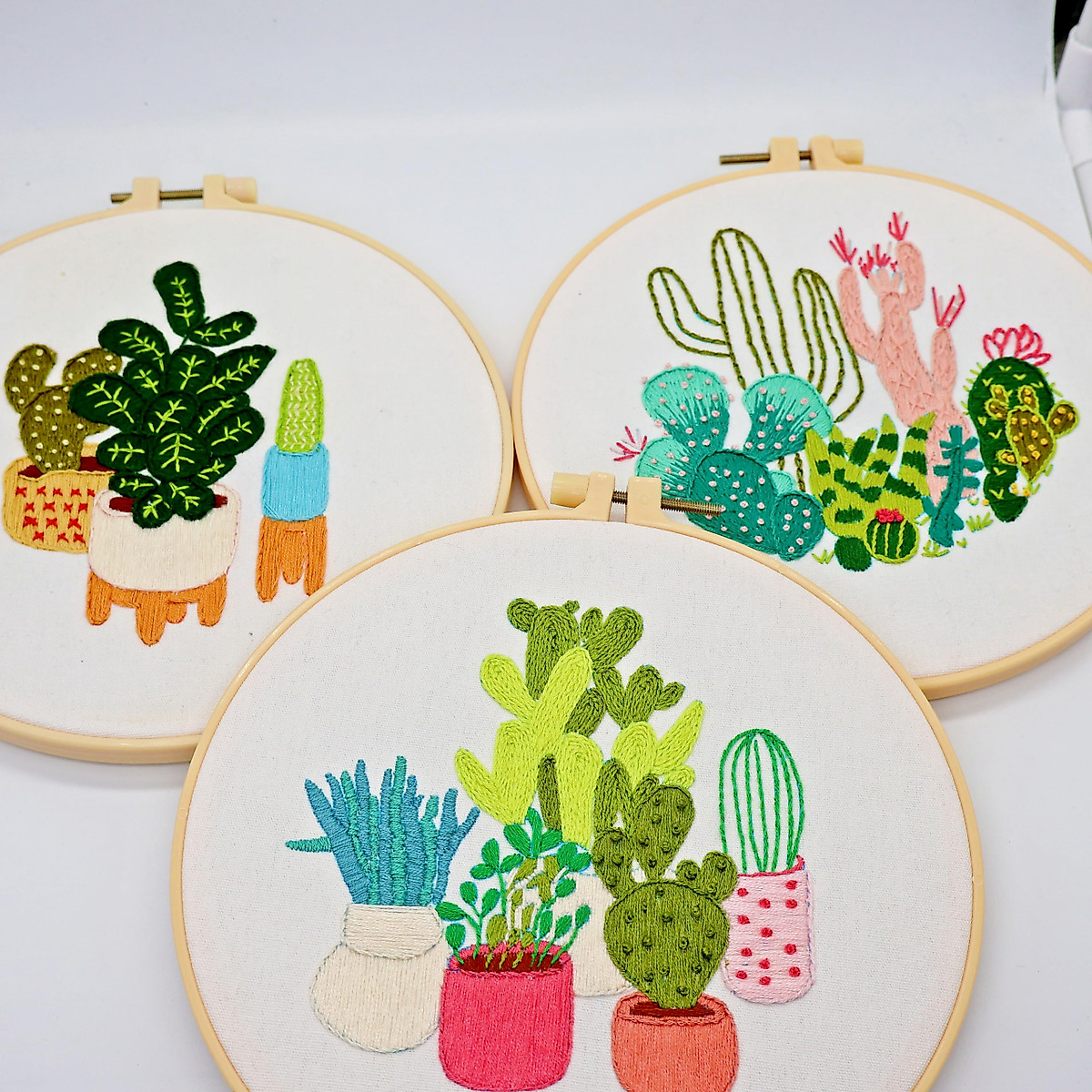 Highkick Embroidery Starter Kits for Adults Beginners with Stamped Pattern, Embroidery Floss + Needles + Hoop, Cactus Series, 3 Pack