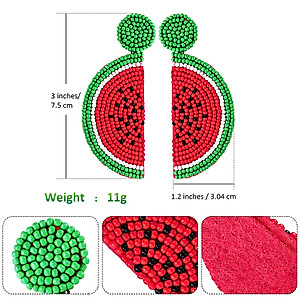 2 Pairs Fruit Watermelon Shape Drop Earrings Bohemian Seed Bead Earrings Handmade Beaded Dangle Studs Earrings for Women Girls Party Jewelry(Rose Red, Red)