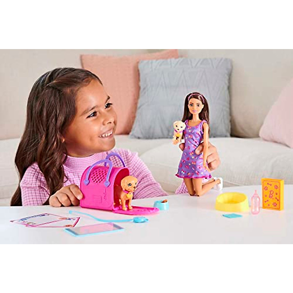 Barbie Pup Adoption Doll & Accessories Set with Color-Change, 2 Pets, Carrier & 10 Accessories, Brunette Doll in Purple Dress