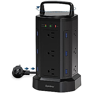 Power Strip Surge Protector Tower 2100J, SUPERDANNY Extension Cord with Multiple Outlets, 12 AC 6 USB Charging Station, Handle Cord Retracting, 6.5ft Overload Protection for Garage, Workbench, Black