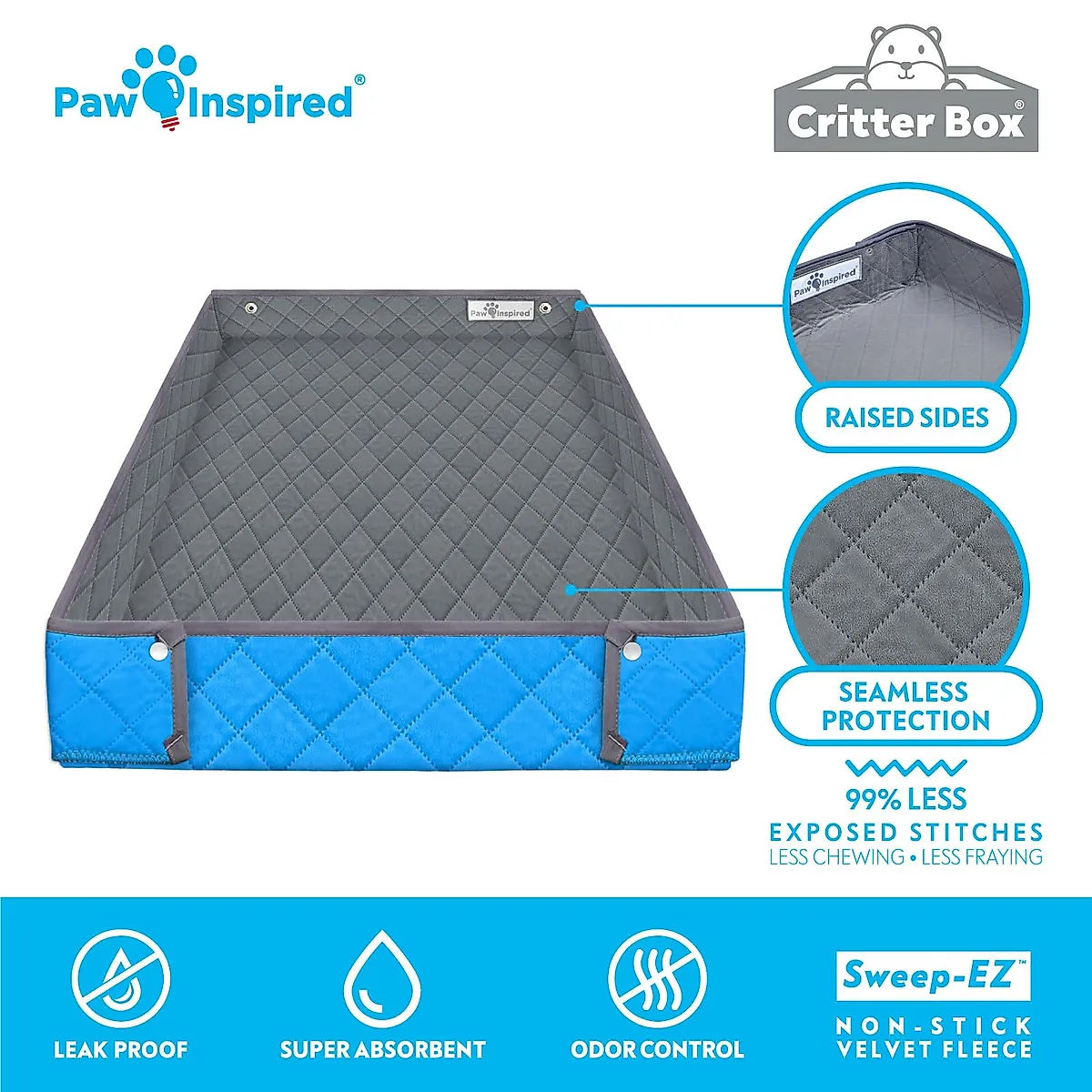 Paw Inspired Critter Box Washable Cage Liner, Reversible Fleece Bedding with Raised Sides for Ferrets, Guinea Pigs, Rats, Chinchillas, and Other Small Animals (Critter Nation/Ferret Nation, Gray/Blue)