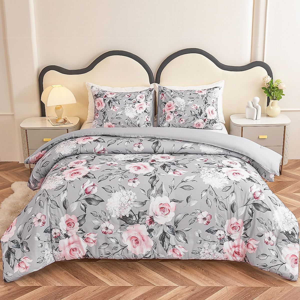 Koniroom 3 Pieces Pink and Grey Comforter Set Queen Size, Floral Bedding Sets with Pink Flowers and Leaves Pattern for Women Teen Girls, Reversible All Season Comforter with 2 Pillow Shams