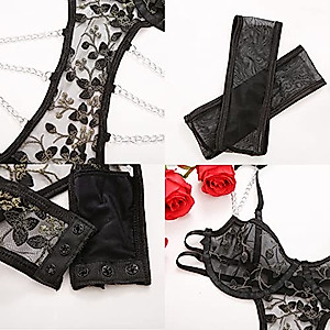 LQWY Sexy Garter Lingerie Set for Women Floral Lace Mesh Chain Babydoll Underwire Bra and Panty Sets