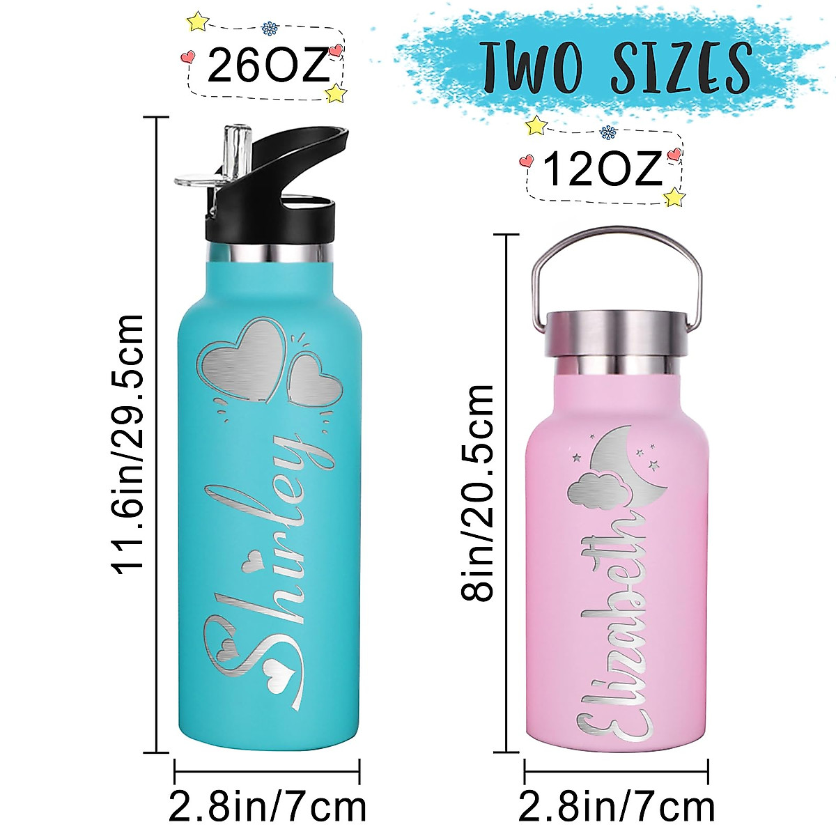 Yananka Personalized Water Bottles with Straw Lid 26 12 oz Custom Stainless Steel Water Bottle Customized with Engraved Name Text Logo for Women Men