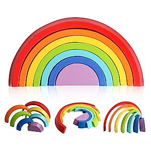 kizh Wooden Rainbow Stacker Nesting Puzzle Blocks Tunnel Stacking Game Building Blocks Color Shape Matching Jigsaw Educational Toys Puzzle for Kids Baby Toddlers Children