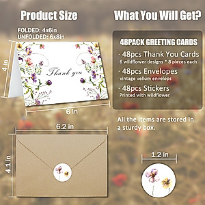 ATQTQ Floral Thank You Cards 48pack with Envelopes Wildflower Bulk 4x6inch Thanks Card with Envelope & Stickers for Birthday Baby Shower Bridal Shower Wedding