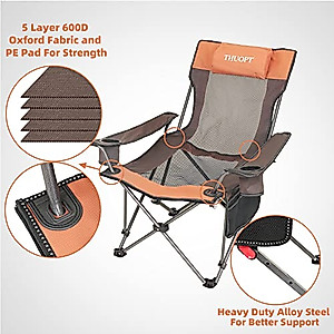 THUOPT Camping Folding Mesh Chair with Collapsible Footrest Adjustable Backrest for Adults, Portable Lightweight Reclining Foldable Chair with Pillow Cup Holder for Outdoor in Summer