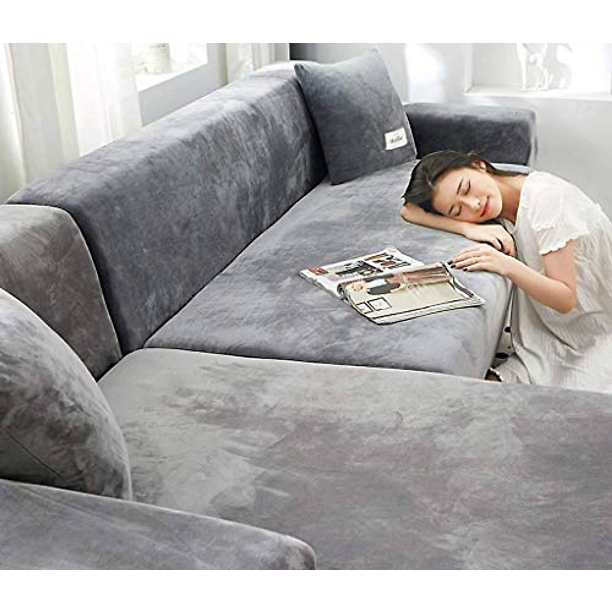 IMYOGI High Stretch Sofa Covers Thick Sofa Covers 1/2/3 Seater Velvet L Shape Sofa Slipcover Easy Fit Stretch Elastic Fabric Sofa Couch Furniture Protector-4 Seater+4 Seater-Lake Blue