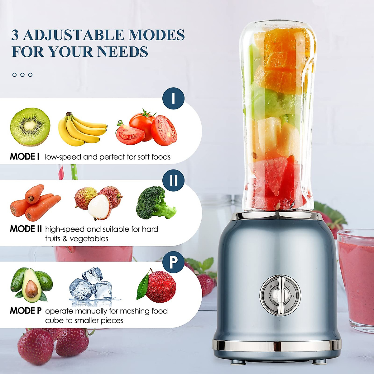 Smoothie Blender with 6 Sharp Blades, Personal Mini Blender for Shakes and Smoothies with 3 Adjustable Speeds, Blender for Kitchen with blending and grinding, BPA-free 2 Travel Cup