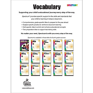 Spectrum Grade 4 Vocabulary Workbook, 4th Grade Vocabulary Covering Word Relationships, Sensory Language, Roots and Affixes, and Reading Comprehension Context Clues, Classroom or Homeschool Curriculum