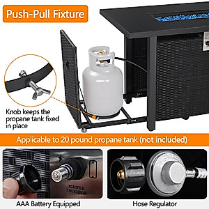 Yaheetech 43 inch 50,000 BTU Outdoor Propane Gas Fire Pit Table with Glass Wind Guard, Tempered Glass Tabletop, Rattan Wicker Base and Rain Cover, Rectangle Gas Firepits w/Blue Glass Stones, Black