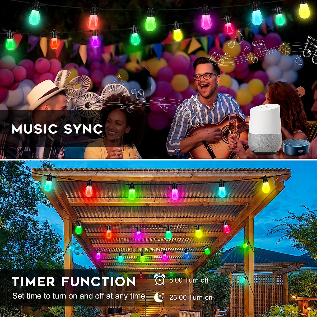 SOVELA Smart Outdoor String Lights, RGB String Lights 48ft 15 LED Bulbs, APP Control Compatible with Alexa, Music Sync Color Changing, Strand for Patio Backyard Garden Porch Wedding Paty