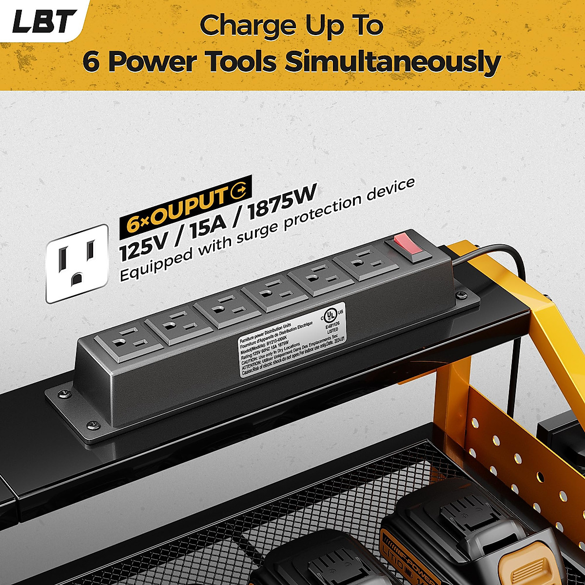 LBT Power Tool Organizer Wall Mount with Charging Station. Patented, Heavy Duty Steel, Garage 6 Drill Storage Shelf, 8 Hooks,2 Screw Boxes,6 Outlets Power Strip, Easy Install Power Tool Storage Rack.