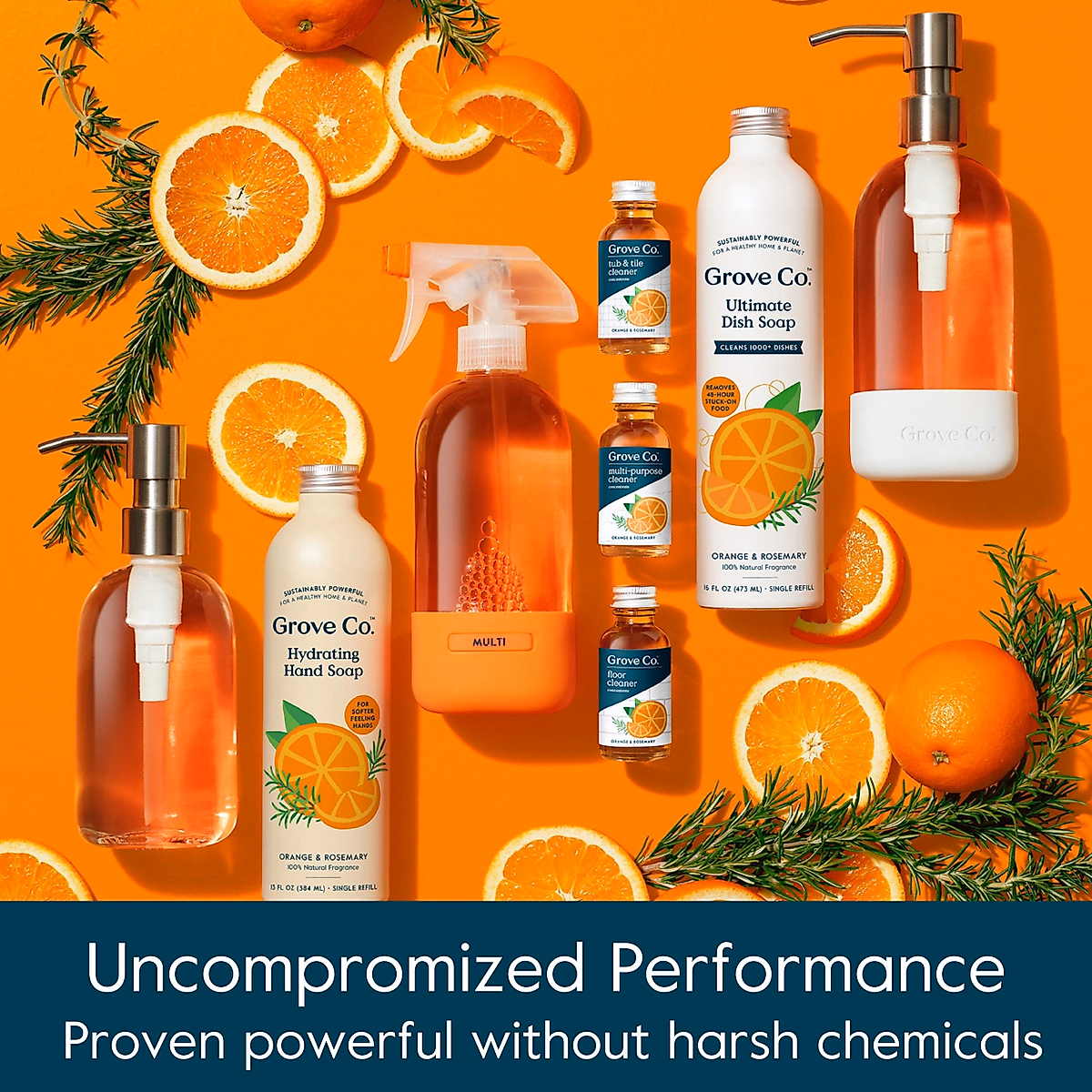 Grove Co. Multi-Purpose Cleaner, Refill Concentrate (6 x 1 Fl Oz) Plant-based Household Cleaning Supplies, Ammonia & Chlorine Free, No Plastic Waste, Orange & Rosemary Scent, Total 3 x 2 Pack Refills