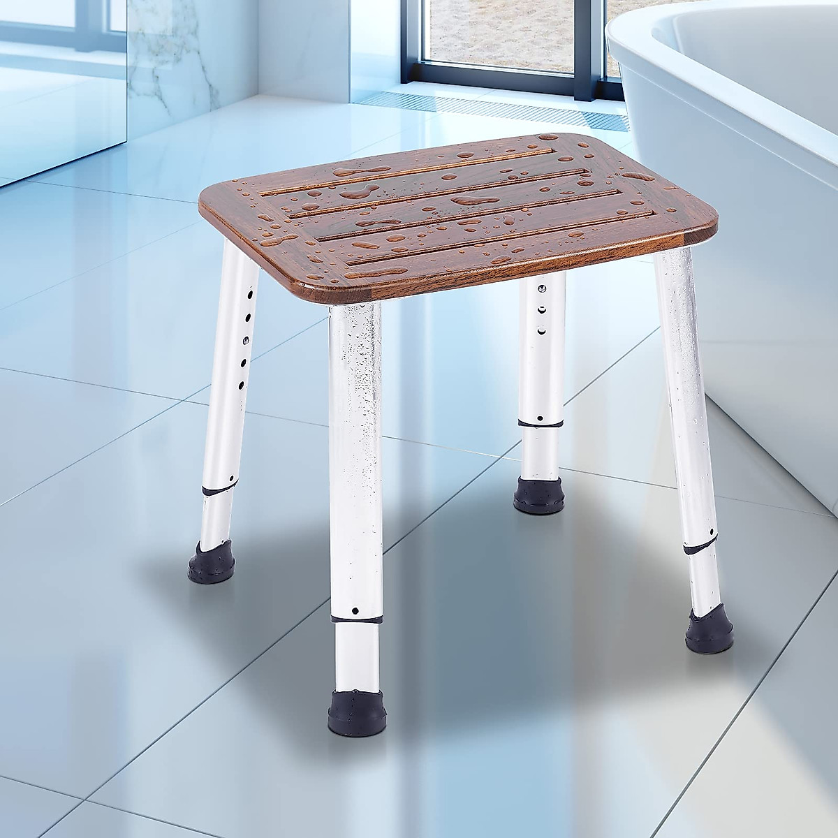 Bathroom Shower Bench Bath Stool Bathtub Seat Spa Chair Foot Rest Step, Height Adjustable Lightweight Waterproof and Rustproof, Teak