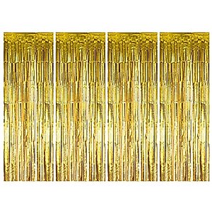 Muhome Gold Foil Fringe Curtain, 4PCS 3.28FT x 8.2FT Tinsel Door Curtains Gold Fringe Backdrop for Wedding Birthday Prom Mardi Gras Graduation Party Decorations