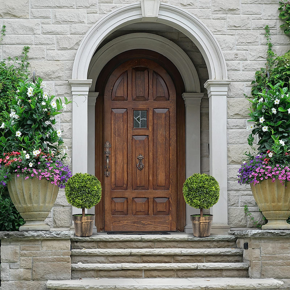 Goplus 22" Tall Artificial Boxwood Topiary Ball Tree, 2 Pack Faux Round Shrubs Bushes Decoration, Fake Potted Plants for Front Porch Indoor Outdoor Home Decor