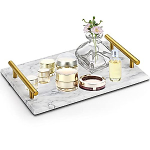 DEAYOU Marble Tray with Gold Handles, White Marble Stone Decorative Tray, 12" Nightstand Serving Tray with Metal Handle, Catchall Key Perfume Tray Pastry Food Board for Vanity, Coffee Table, Desk