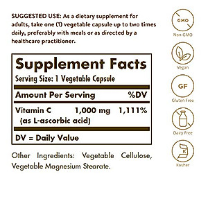Solgar Vitamin C 1000 mg, 250 Vegetable Capsules - Antioxidant & Immune Support - Overall Health - Healthy Skin & Joints - Bioflavonoids Supplement - Non GMO, Vegan, Gluten Free, Kosher - 250 Servings