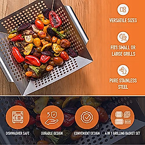Yukon Glory Grill Basket 3-Piece Mini Grilling Basket Set - Stainless Steel Perforated Grill Baskets for Grilling Veggies Seafood and Meats Includes Grill Pan - Square Basket and Circular Basket