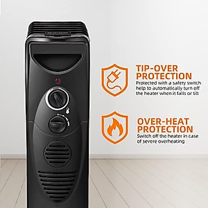R.W.FLAME Oil Filled Radiator Heater - 3 Heat Settings, Adjustable Thermostat, Quiet and Portable Space Heater with Tip-over & Overheating Functions (27", Black)