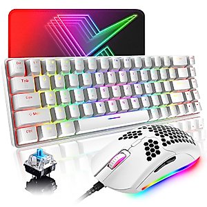 Compact 60% Mechanical Gaming Keyboard and Mouse Combo with Ergonomic Anti-ghosting 68 Key Rainbow RGB Backlight 6400DPI Honeycomb Mice Type-C Wired for PC Mac Gamer Office Typist(White/Blue Switch)