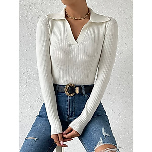 SHENHE Women's Casual V Neck Long Sleeve Knitted Pullover Polo Sweater Jumper Tops White L