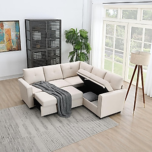 LULUTONG Modular Sectional Sleeper Sofa Bed, Sectional Couch with Pullout Bed Modular Couch with Storage 2 Seater Multi-Functional Suite for Living Room (Beige, L-Shape)