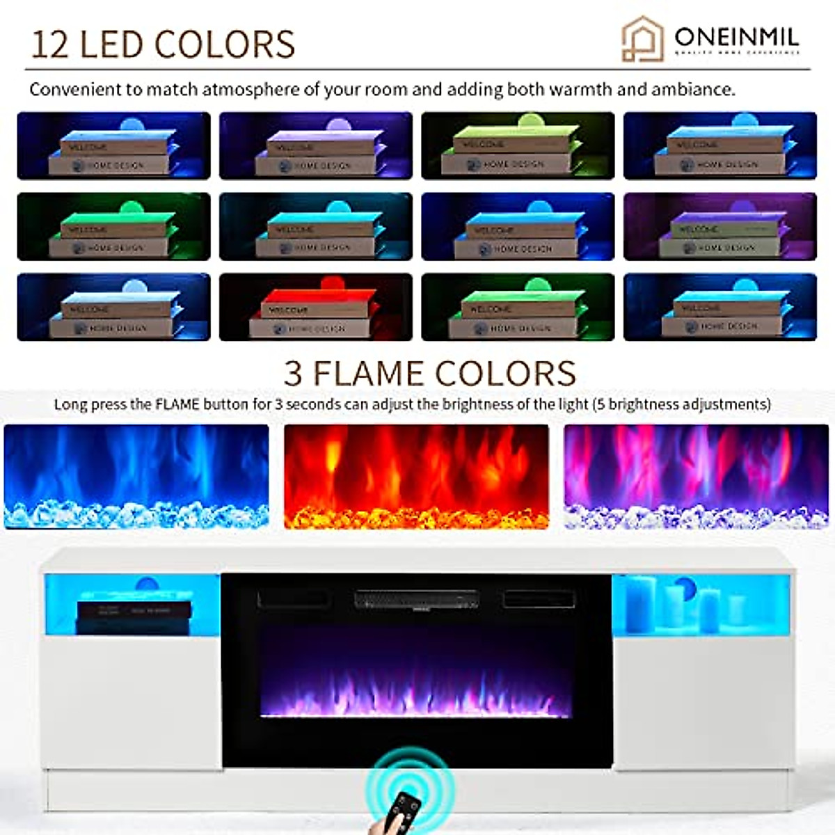 oneinmil Fireplace TV Stand with 36" Electric Fireplace, LED Light Entertainment Center, Modern Wood Texture Entertainment Stand with Highlight Storage Cabinet for TVs Up to 80", 70 inches,White