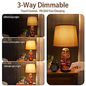 YAMEIWAN Bedside Lamps Set of 2 for Bedroom - Nightstand Lamps with 20W QC3.0 USB Charging Ports - Table Lamp with 3-Way Dimmable Touch Control for Living Room, Modern Glass and Fairy Lights