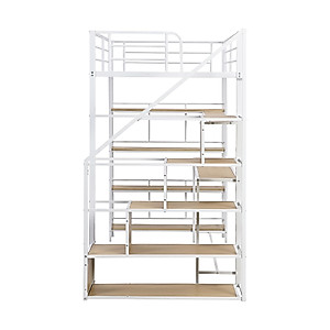 3 in 1 Design Full Size Loft Bed with Storage Staircase, Heavy Duty Metal Loft Bed Frame with Built-in Desk,3-Tier Storage Shelves and Guardrails for Bedroom Guest Room Apartment, Space Saving